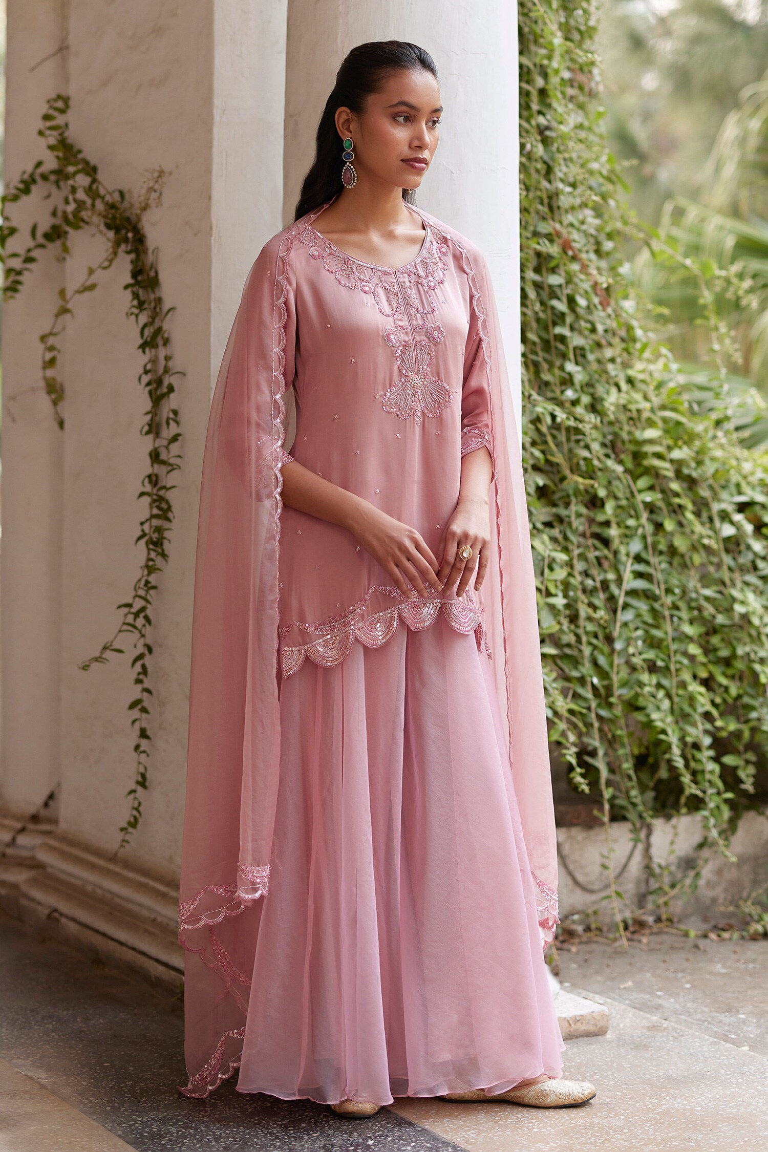 Buy Pink Kurta Satin Organza Hand Embroidery Floral Short Sharara Set ...