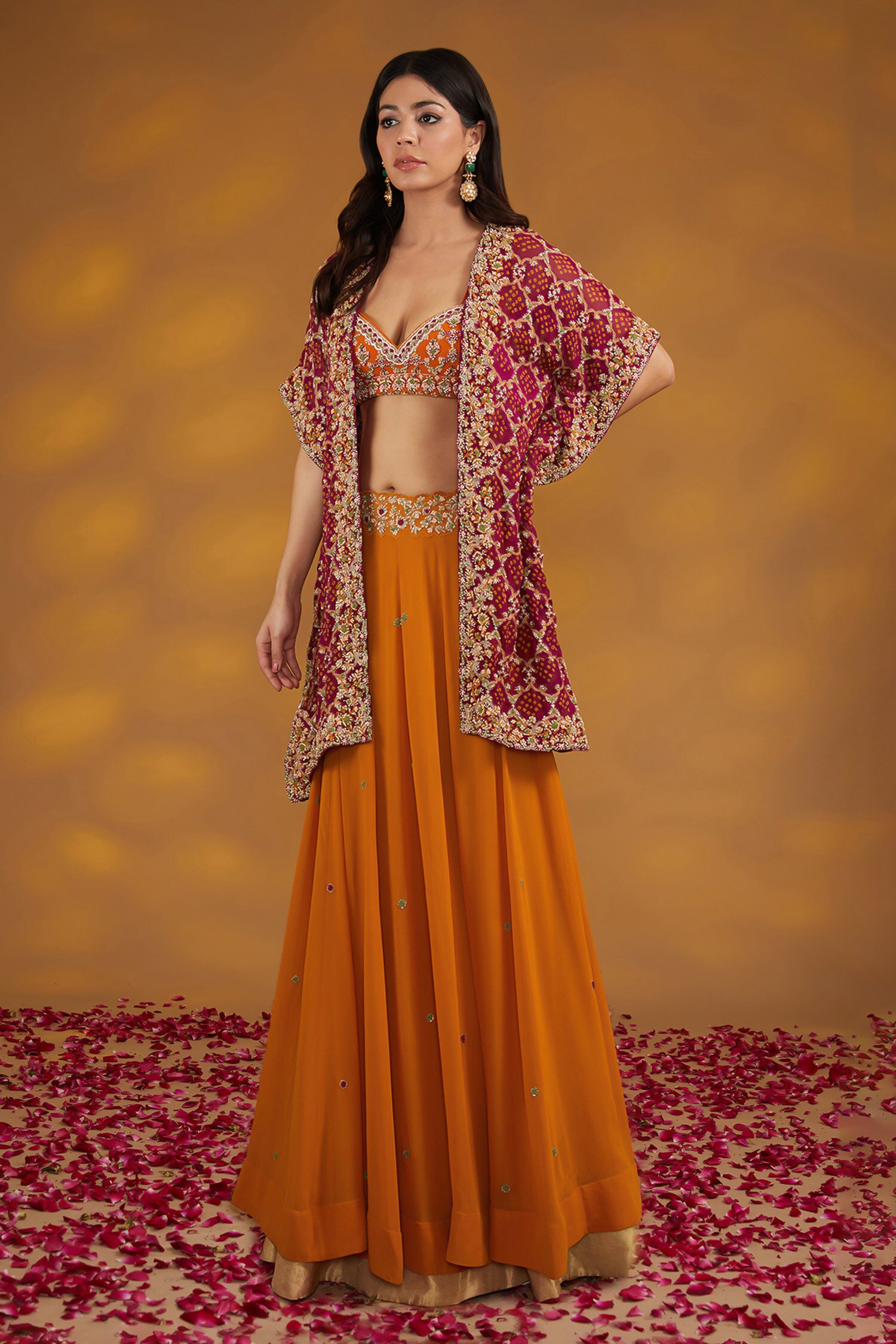 Buy Orange Lehenga Georgette Embroidered Bandhej Sweetheart Shrug And