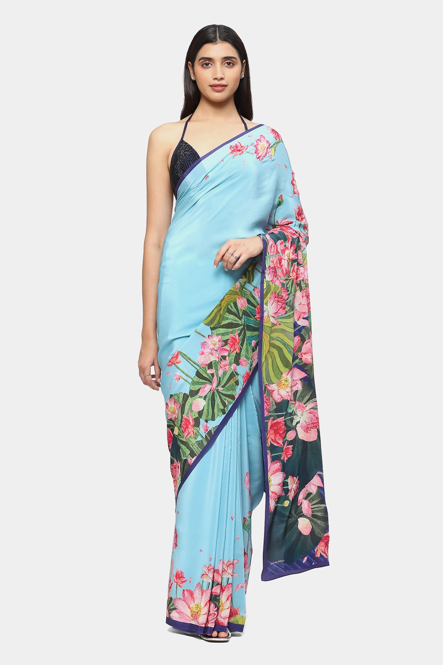 Buy Blue Crepe Printed Lotus Lagoon Saree For Women by Satya Paul ...