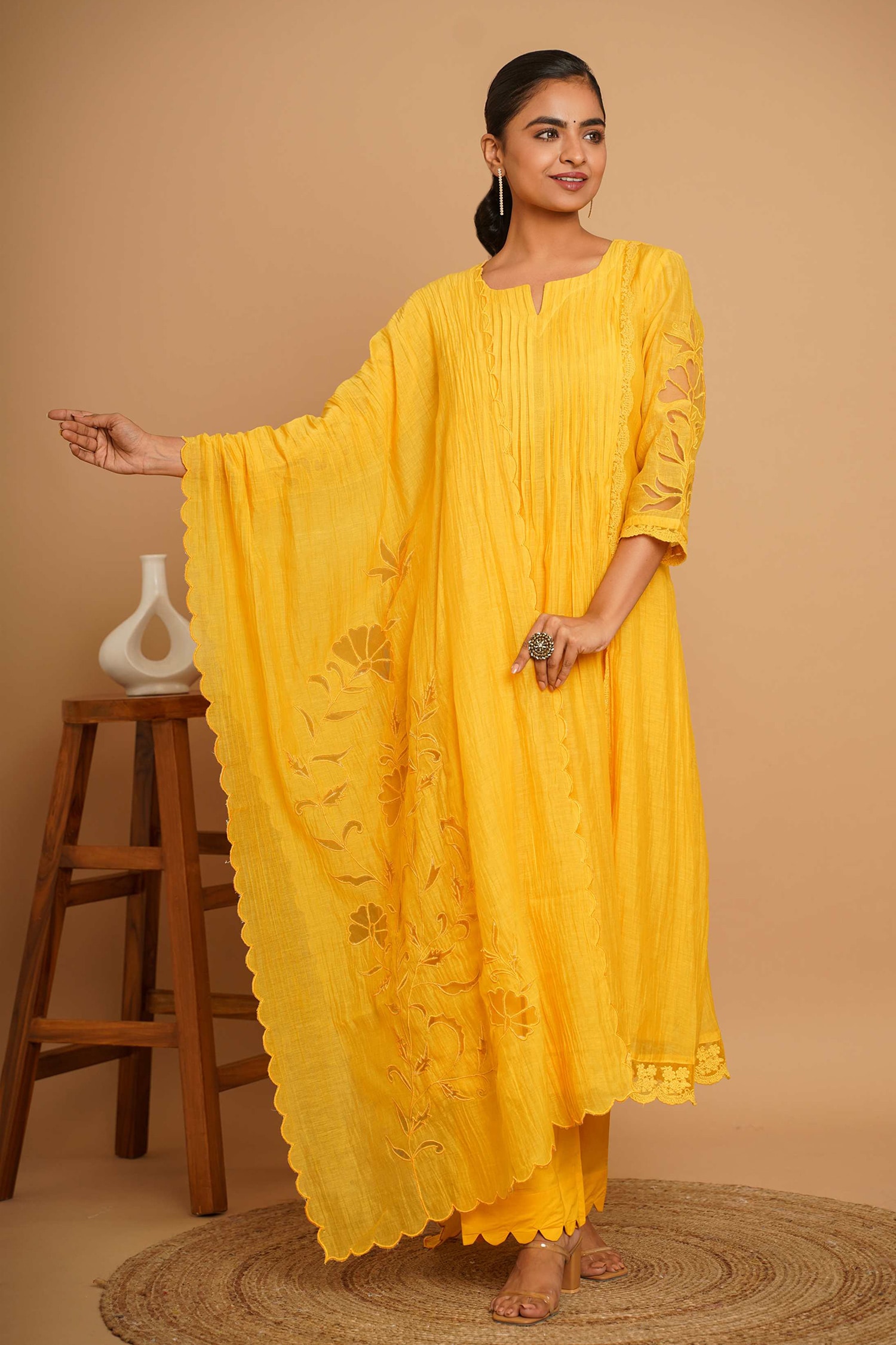 Buy Yellow Handloom Chanderi Cutwork Phool Garden Flora Anarkali Set ...