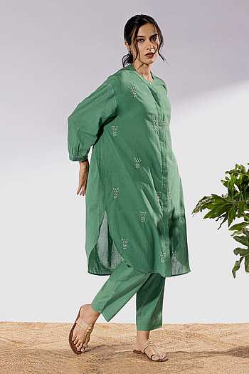Buy Green Cotton Plain Straight Pant For Women by Pants and Pajamas ...