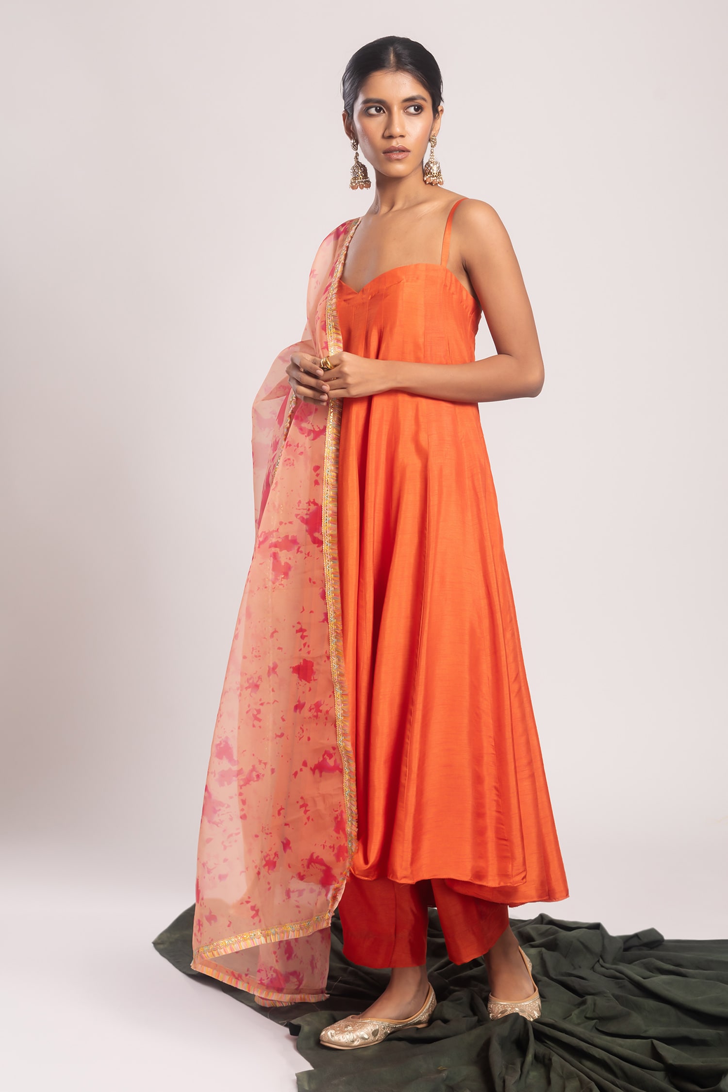 Buy Orange Anarkali Dola Silk Printed Dupatta Abstract Gramika Pant Set ...