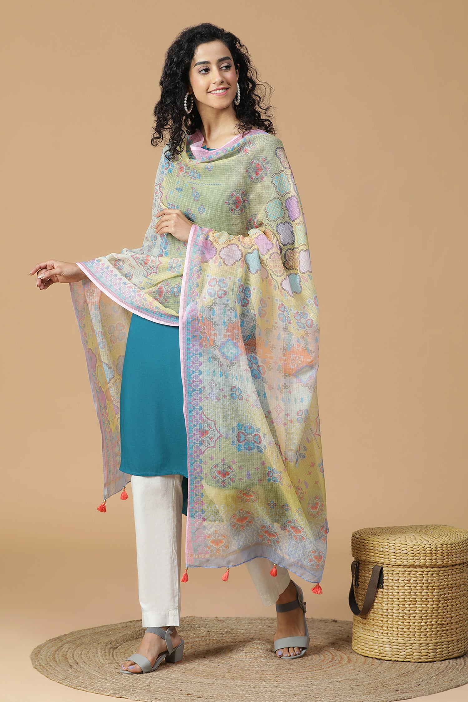 Buy Green 75% Cotton Printed Floral Motifs Navrang Flower Dupatta For ...