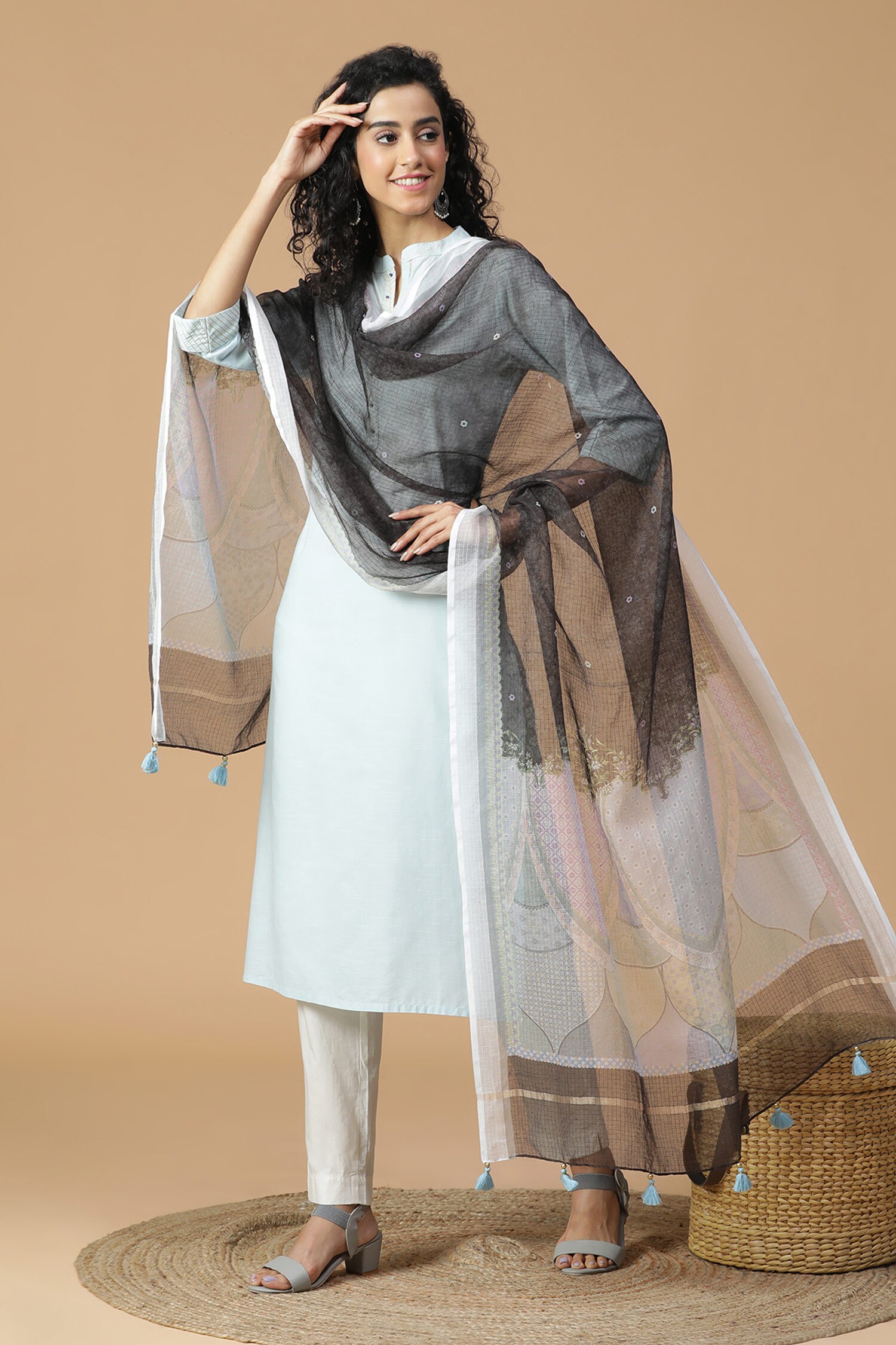 Buy Grey 75% Cotton Printed Zephyr Sun-kissed Sunaina Dupatta For Women ...