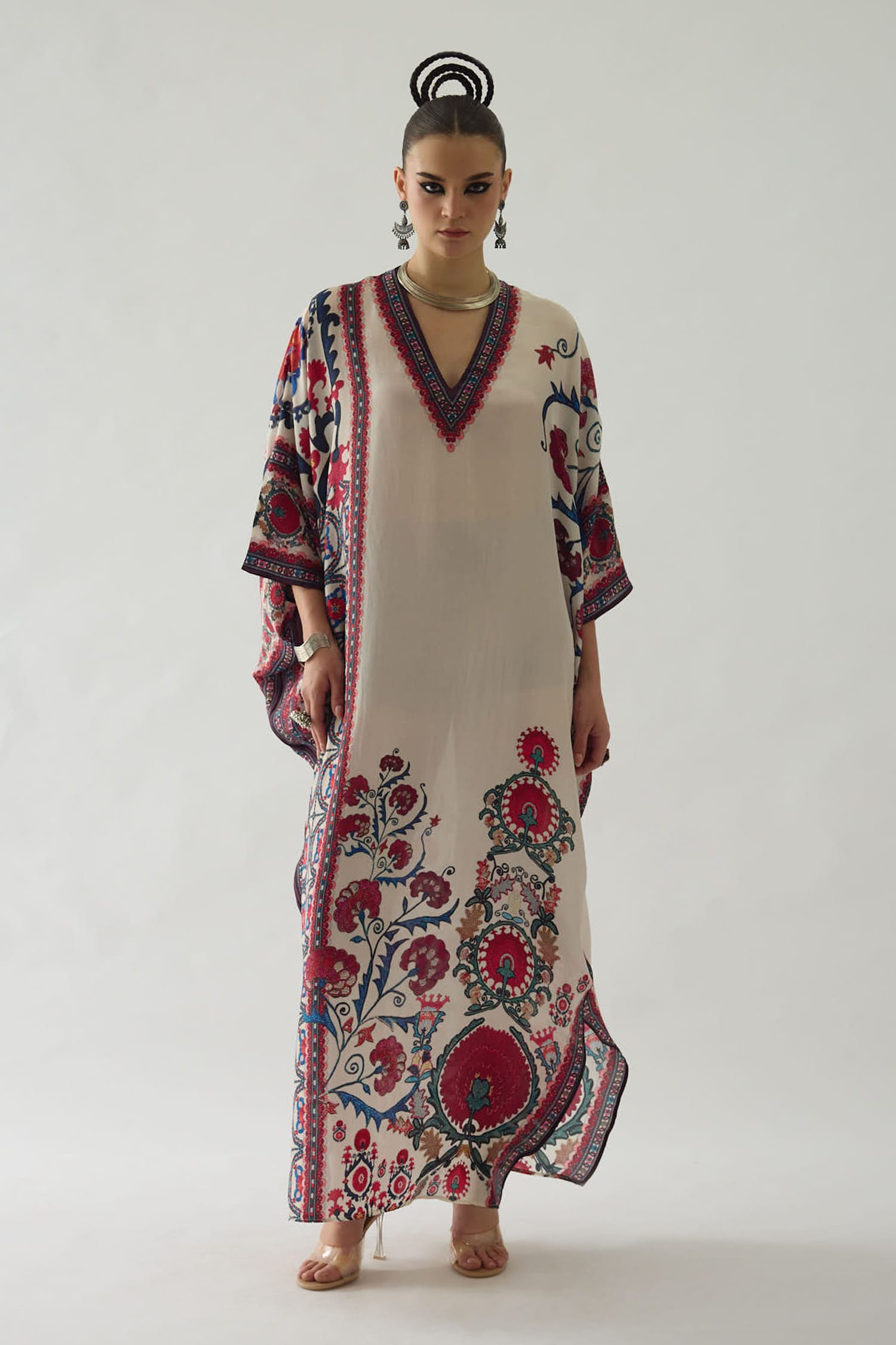Buy Multi Color Silk Print Gul V Neck Verusha Kaftan For Women by ...