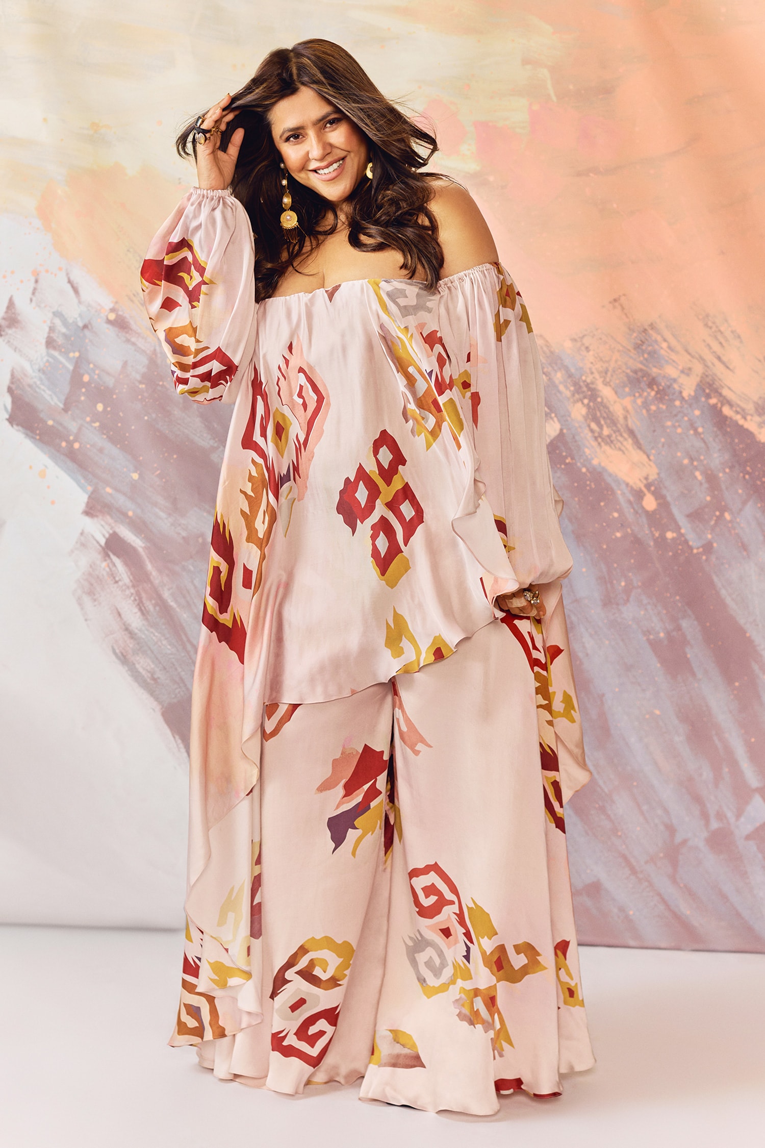 Buy Peach Modal Satin Printed Patola Off Shoulder Top For Women by ...