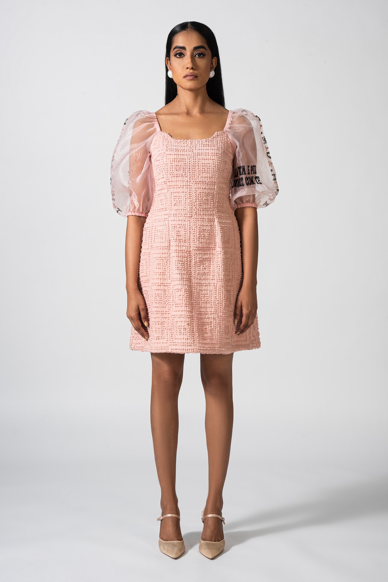 Buy Pink Cotton Cloud Hand Embroidery Tonal Thread Rosa Sofia Dress For ...