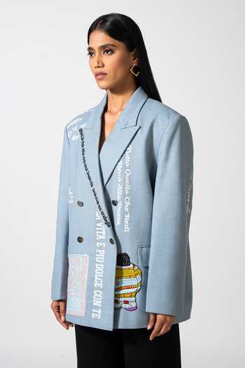 Buy Blue Merino Blend Hand Embroidered Italian Serafina Boxy Blazer For ...