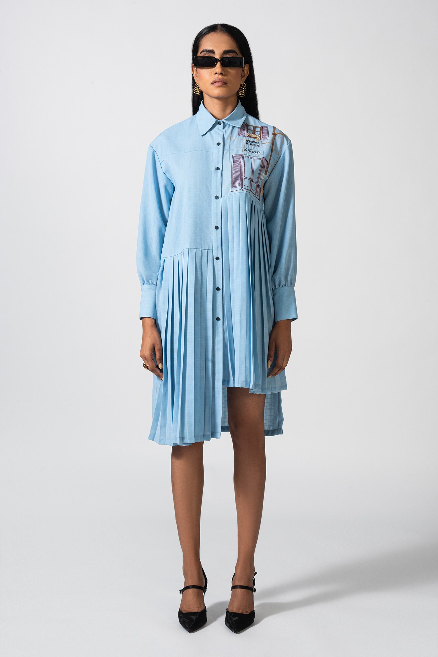 Buy Blue Inbox Pop Placement Embroidery Haven Asymmetric Pleated Dress ...