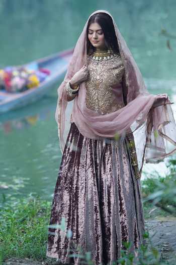 Buy Brown Kurta Organza Embroidered Tilla Round Kashmiri Lehenga Set ...