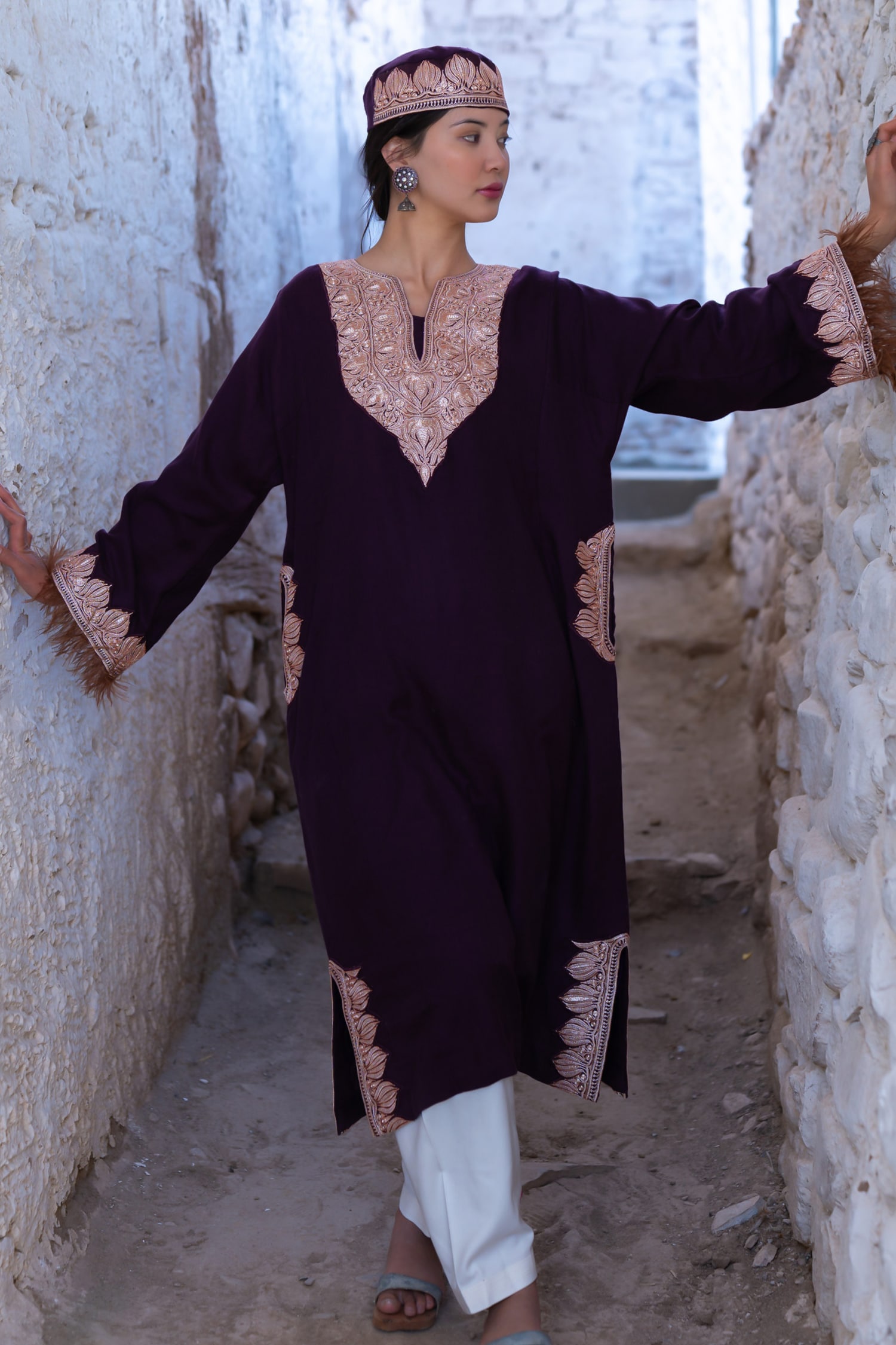 Buy Wine Top Pure Pashmina Handwork Kashmiri Pheran Kurta Salwar Set ...