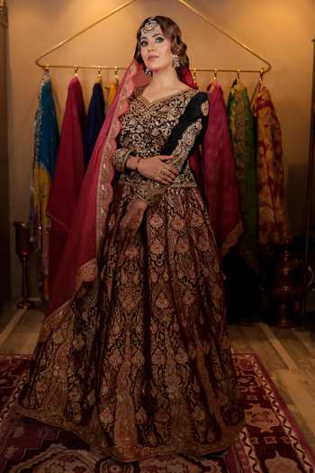 Buy Black Tunic Matka Silk Embroidered Kashmiri Hand Work Lehenga Set ...