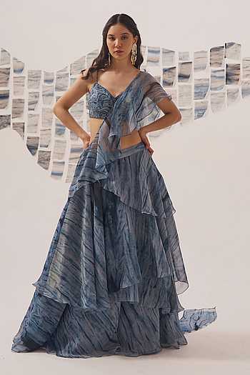Buy Blue Abstract Patterned Pre-draped Ruffle Lehenga Saree With Blouse ...