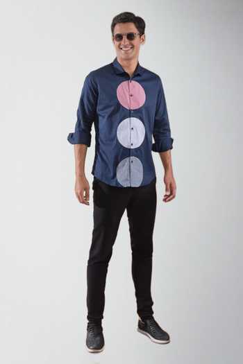 Buy Blue Premium Cotton Three-tier Circular Pattern Color Blocked Shirt ...