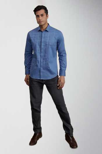 Buy Blue 100% Pure Cotton Embroidery Thread Matrixx Placement Shirt For ...