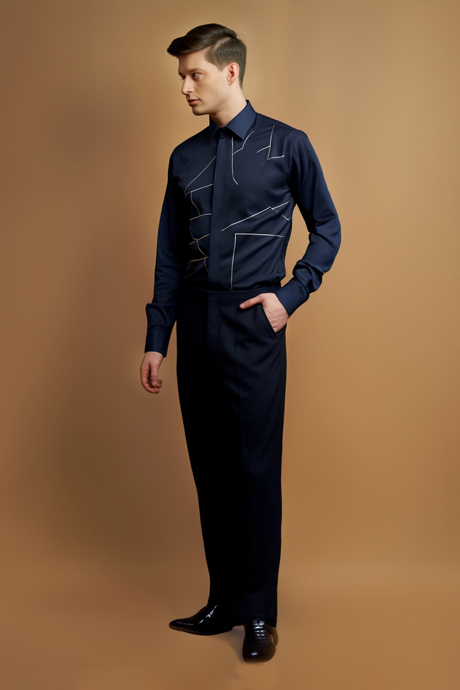 Buy Blue Premium Cotton Blend Embroidered Abstract Waggle Thread Shirt ...