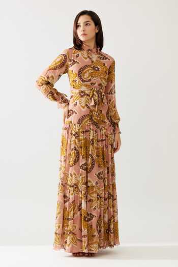 Buy Yellow Chiffon Printed Floral Band Collar Tiered Pleated Dress For ...