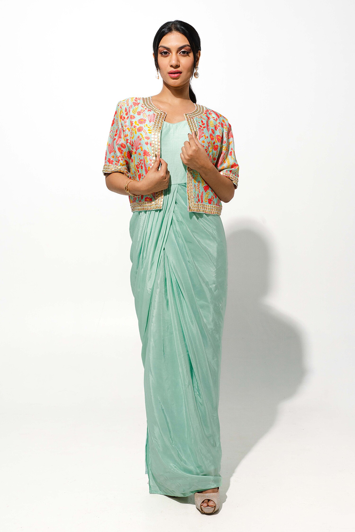 Buy Green Crepe And Silk Print Floral Cowl Draped Dress With For Women ...