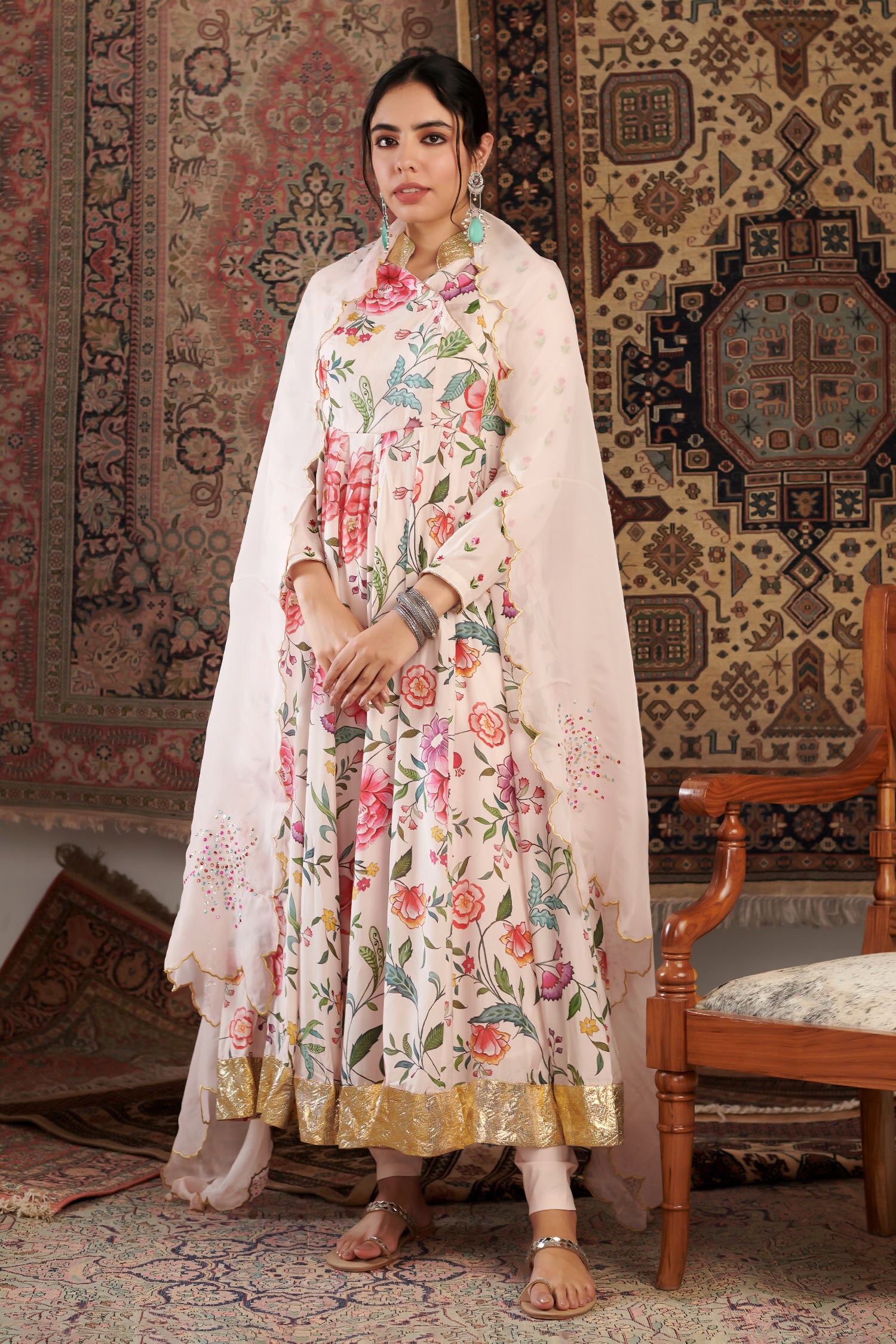 Buy Ivory Cotton Silk Hand Embroidery Floral Pattern Anarkali Churidar ...
