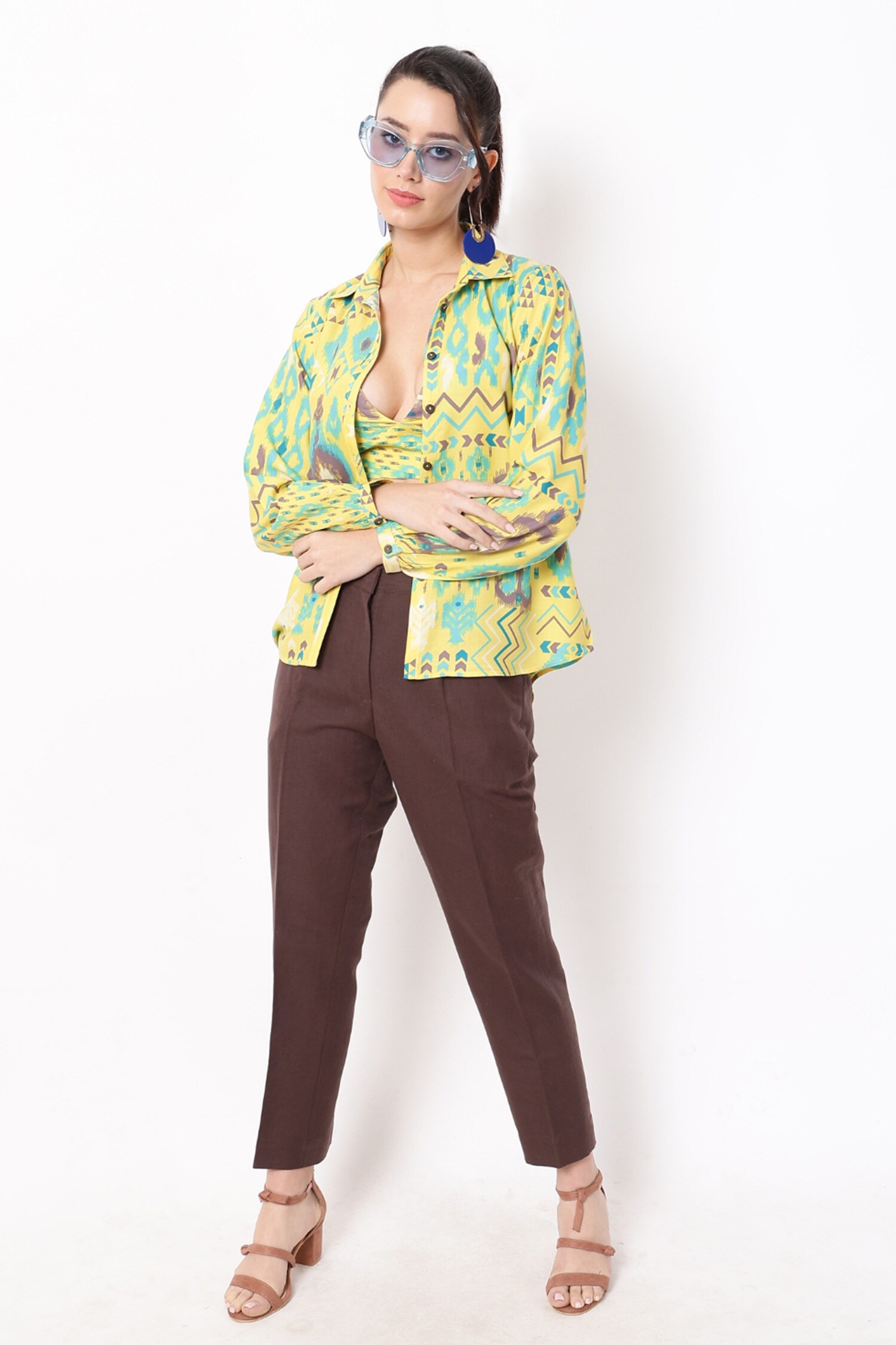 Buy Yellow Viscose Rayon Print Mosaic Collar Aztec Shirt With Bralette ...