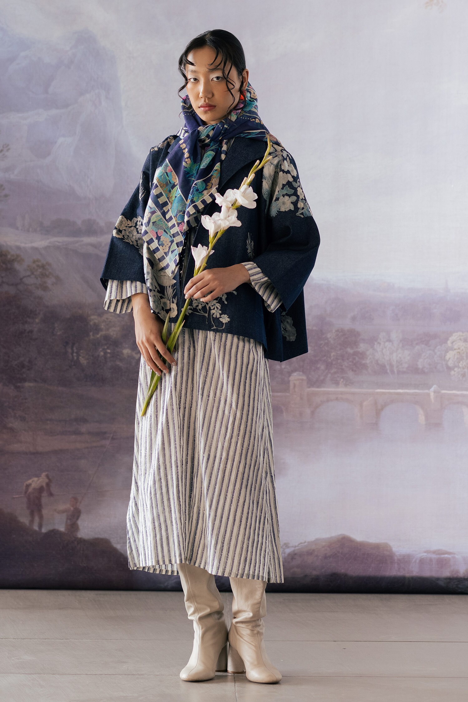 Buy Blue Denim Patch Work Floral Shawl Collar Luna Jacket For Women by Yavi Online at Aza Fashions.