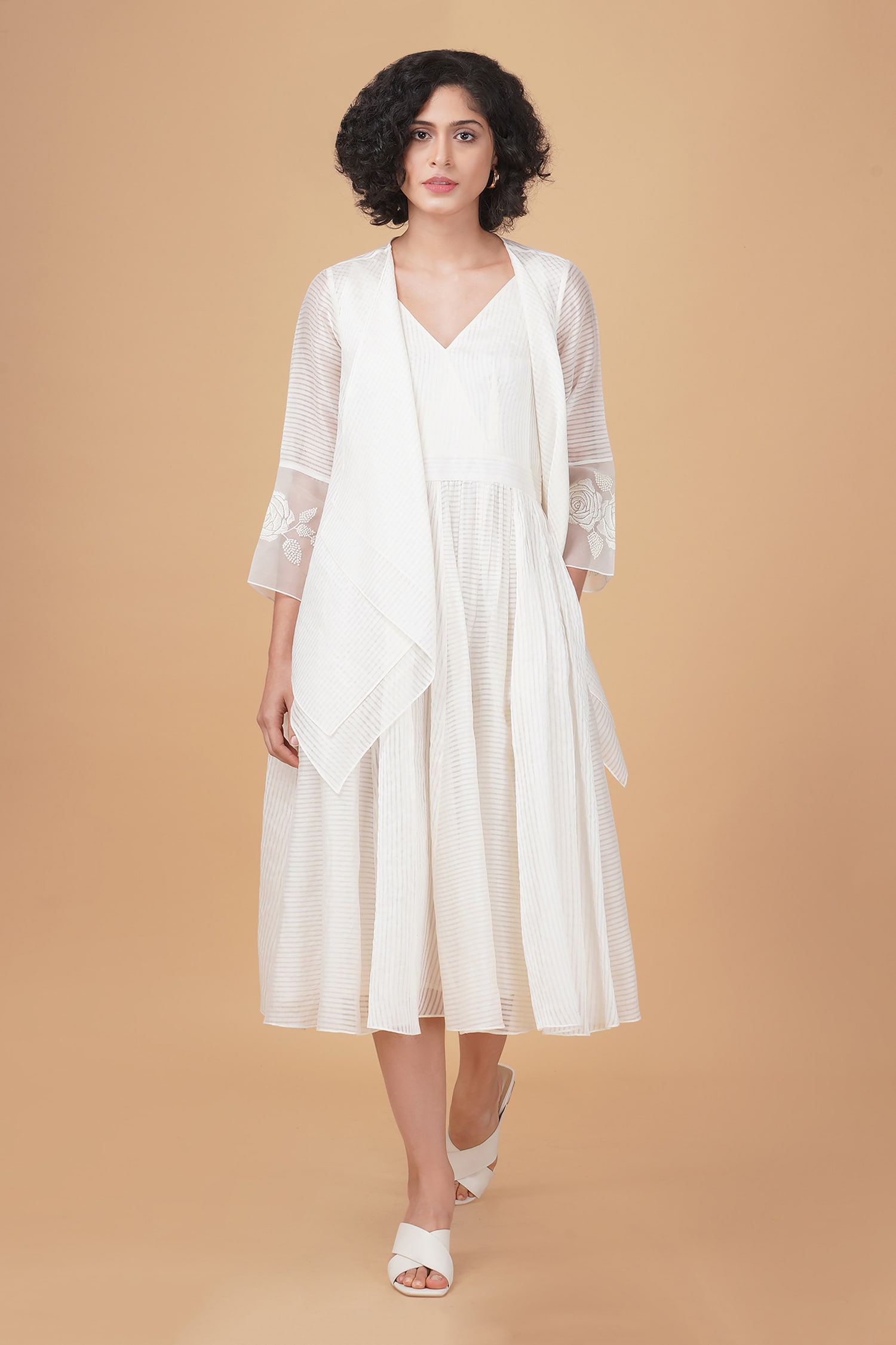 Buy Ivory Organza Embroidered Striped Dress V Neck And Layered Jacket ...