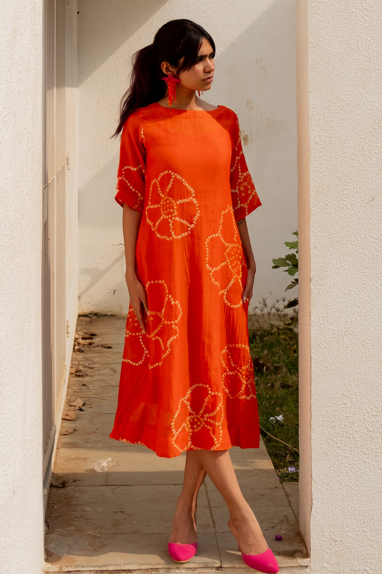Buy Orange Chanderi Bandhani Floral Boat Neck Pattern A-line Dress For ...