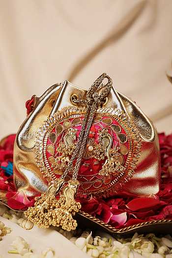 Buy Gold Hand Embroidery Floral Potli Bag by 5Elements Online at Aza ...
