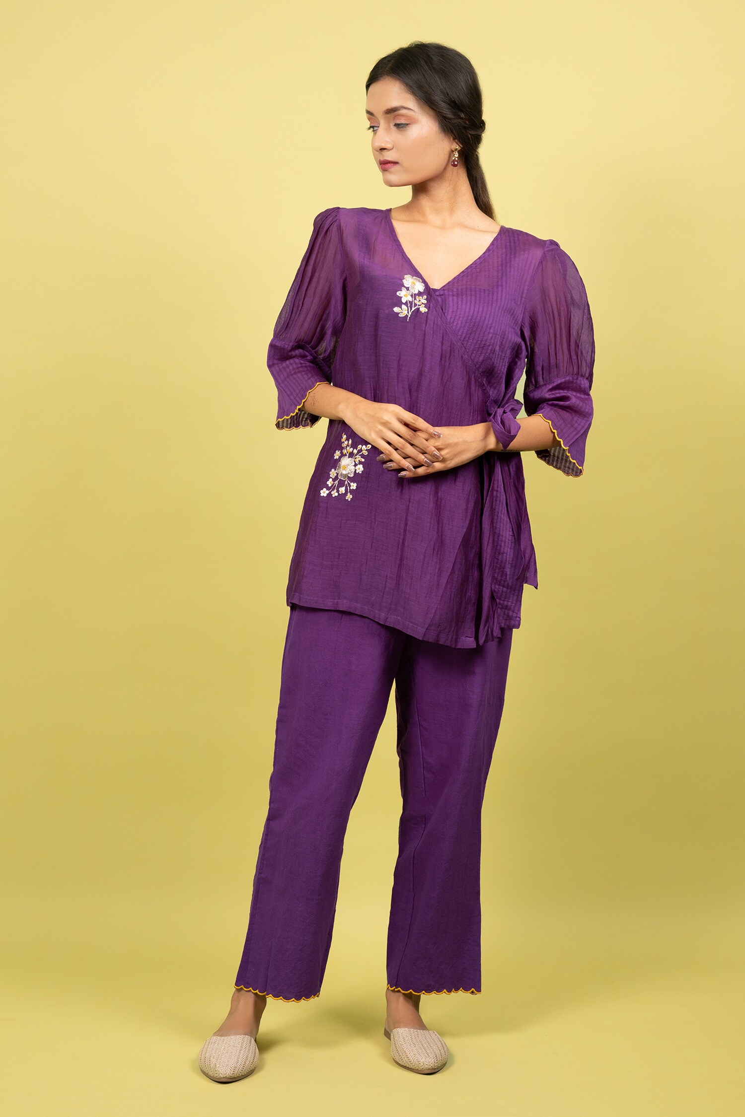 Buy Purple Tunic Pure Handwoven Silk Hand Scallop Hem With Pant For ...