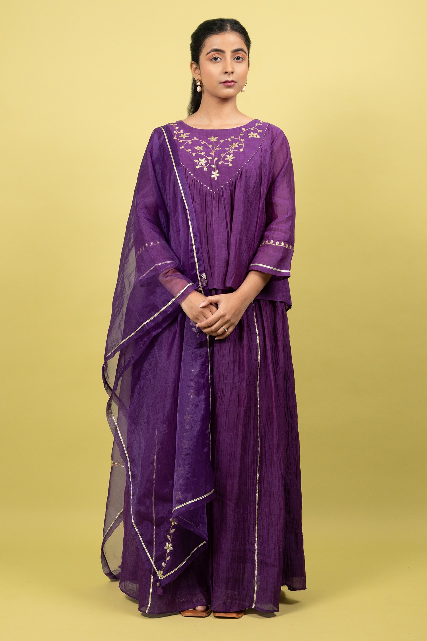 Buy Purple Tunic Pure Handwoven Silk Hand Embroidered Floral Skirt Set ...