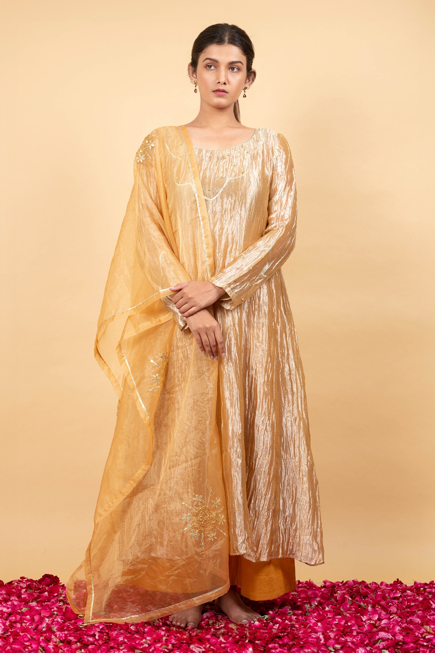 Buy Yellow Kurta Pure Handwoven Tissue Silk Embroidery Sequin Round Set ...