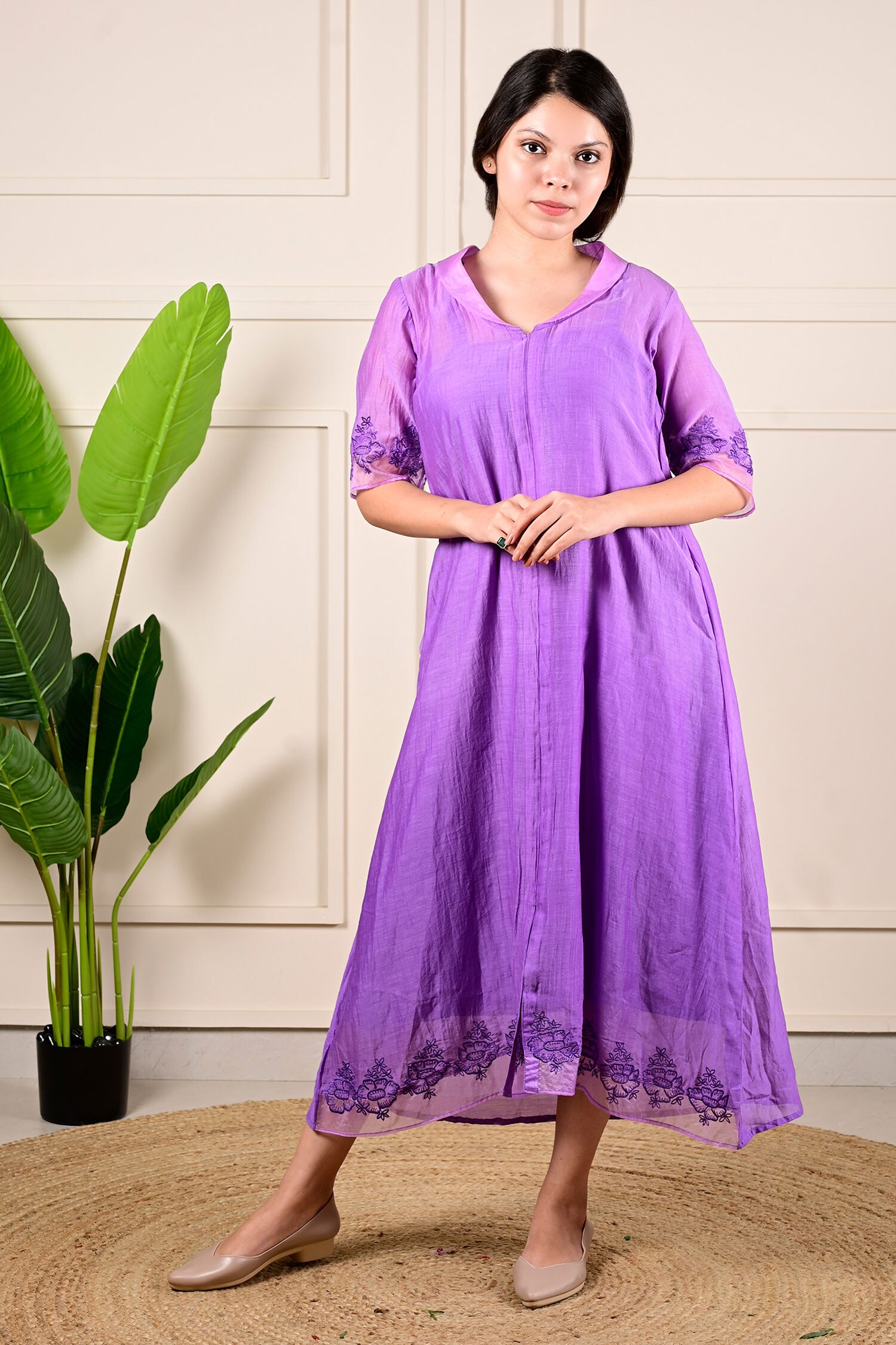 Buy Purple Dress Pure Handwoven Silk Embroidery Thread Collar For Women ...