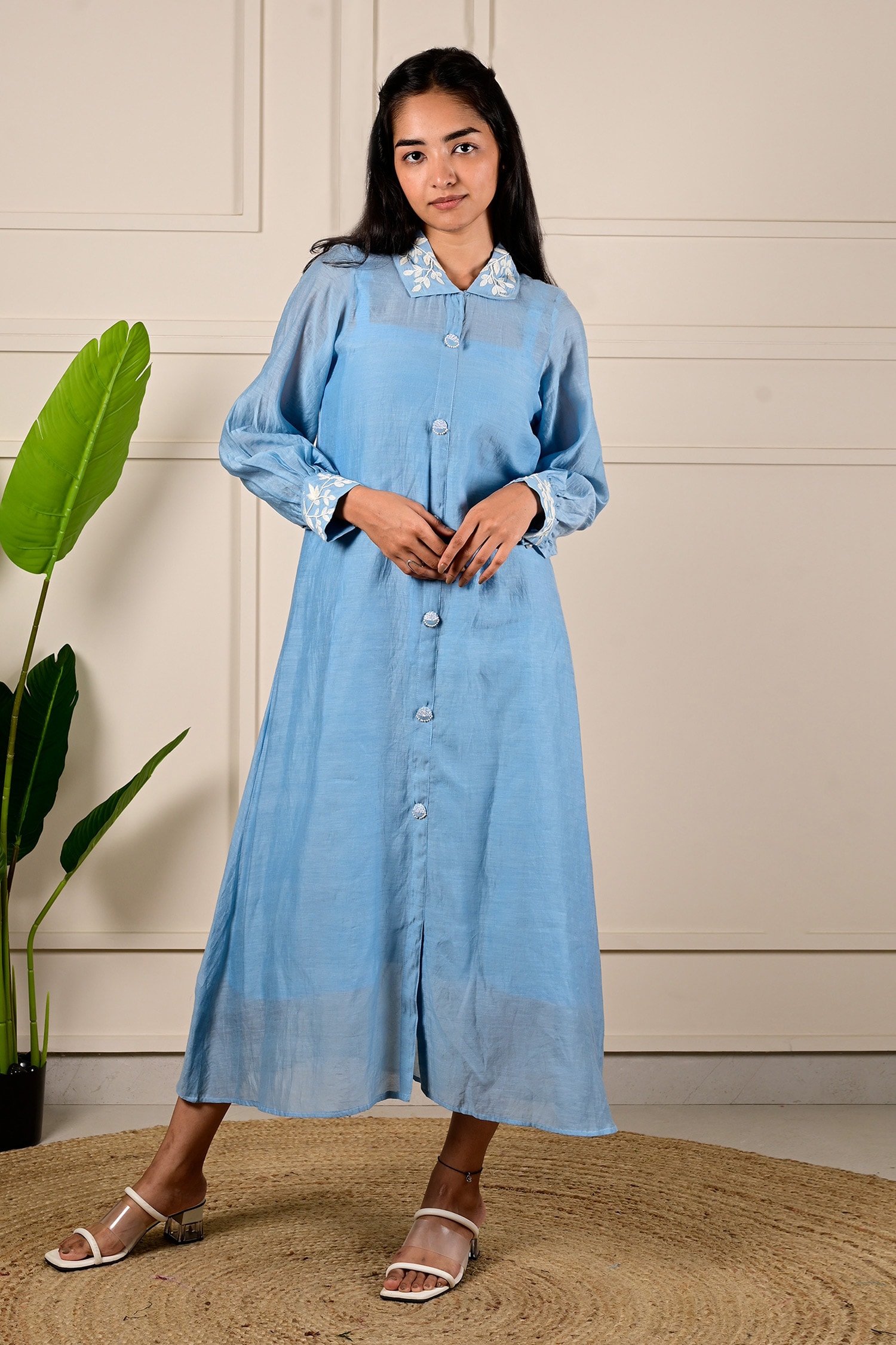 Buy Blue Dress Handwoven Silk Embroidered Thread Shirt Collar Placed ...