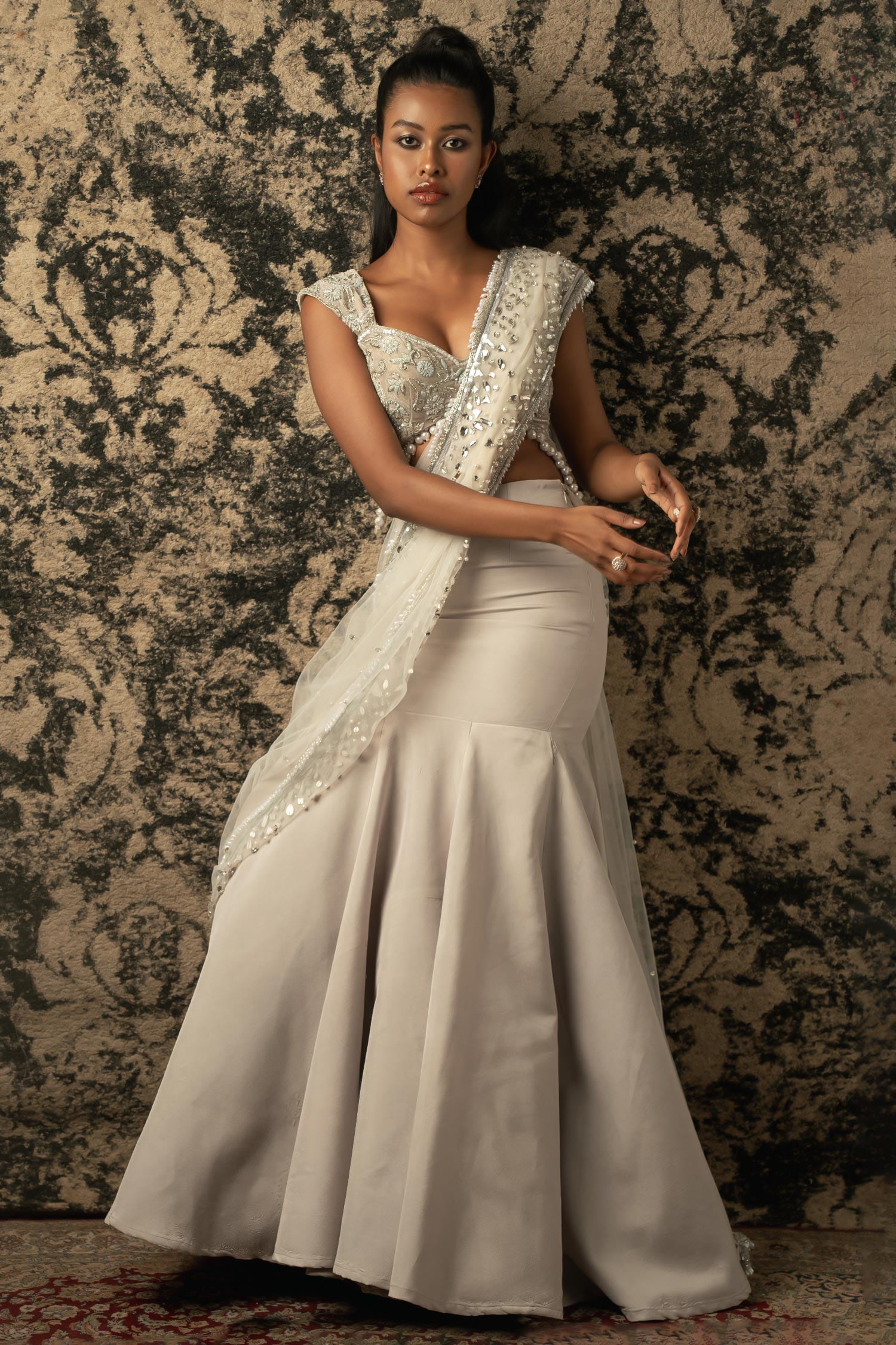 Buy Grey Drape Net Embroidery Crystal Pre-draped Skirt Saree With ...