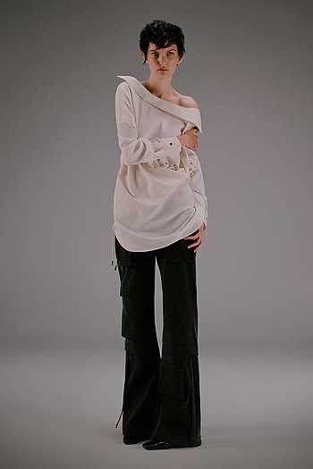 Buy White Chiffon Textured Shirt Collar Odeon Patchwork For Women by ...