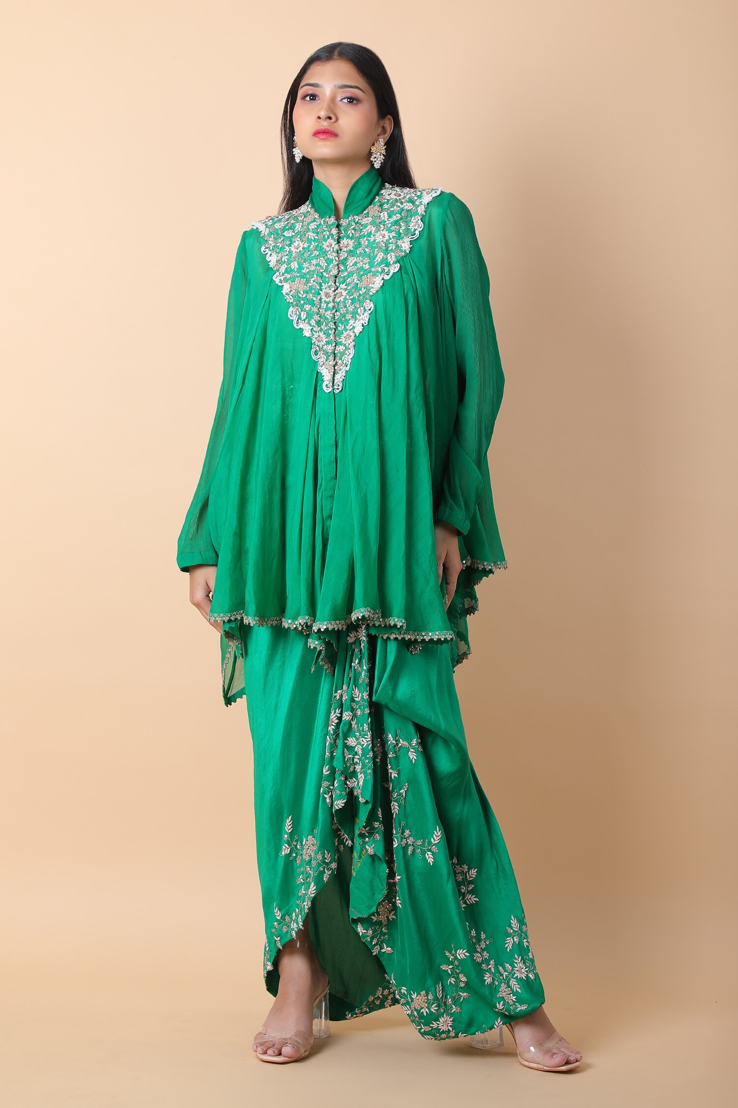 Buy Green Embroidered Floral Mandarin Tunic And Draped Skirt Set For ...