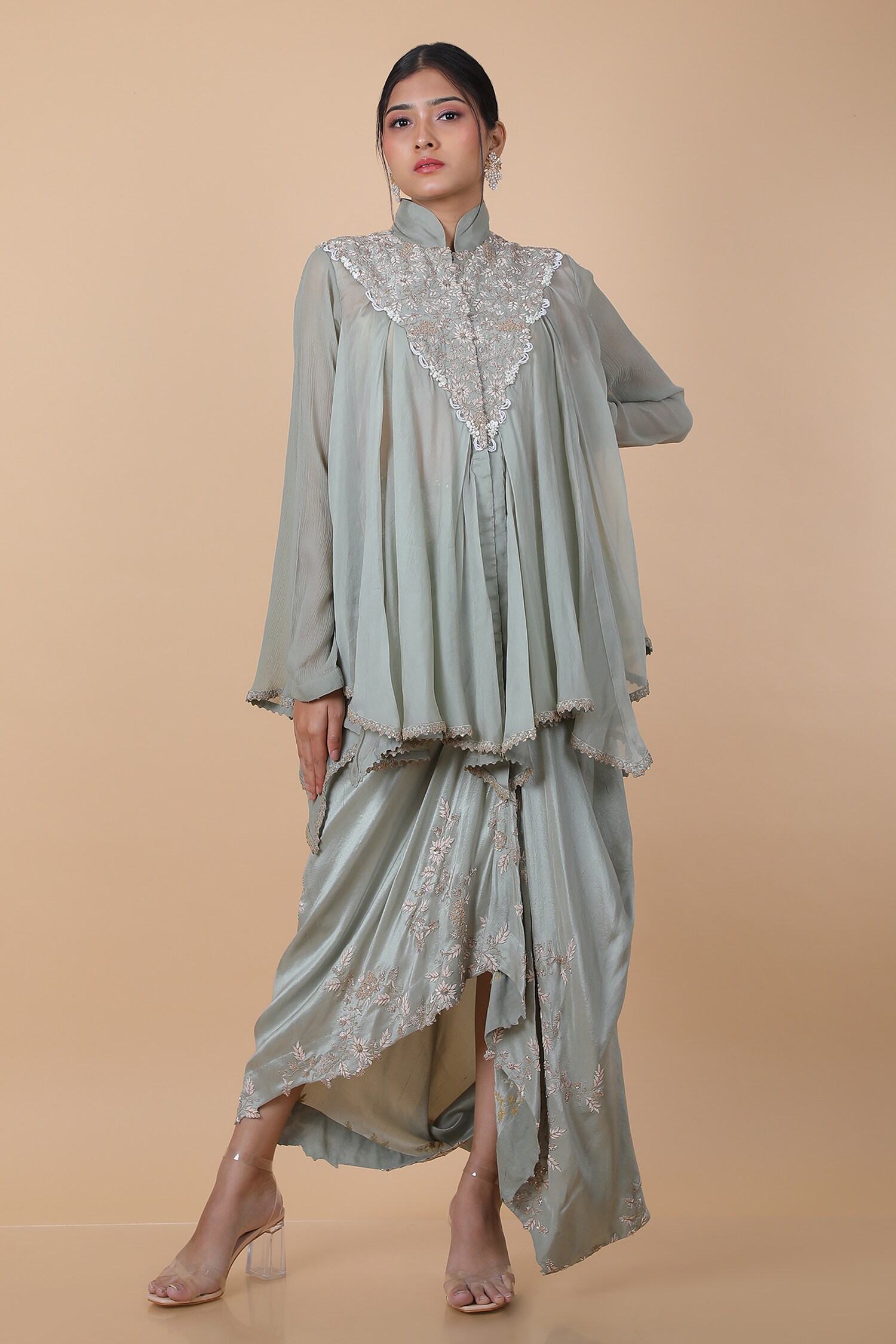Buy Grey Embroidered Floral Mandarin Tunic And Draped Skirt Set For ...