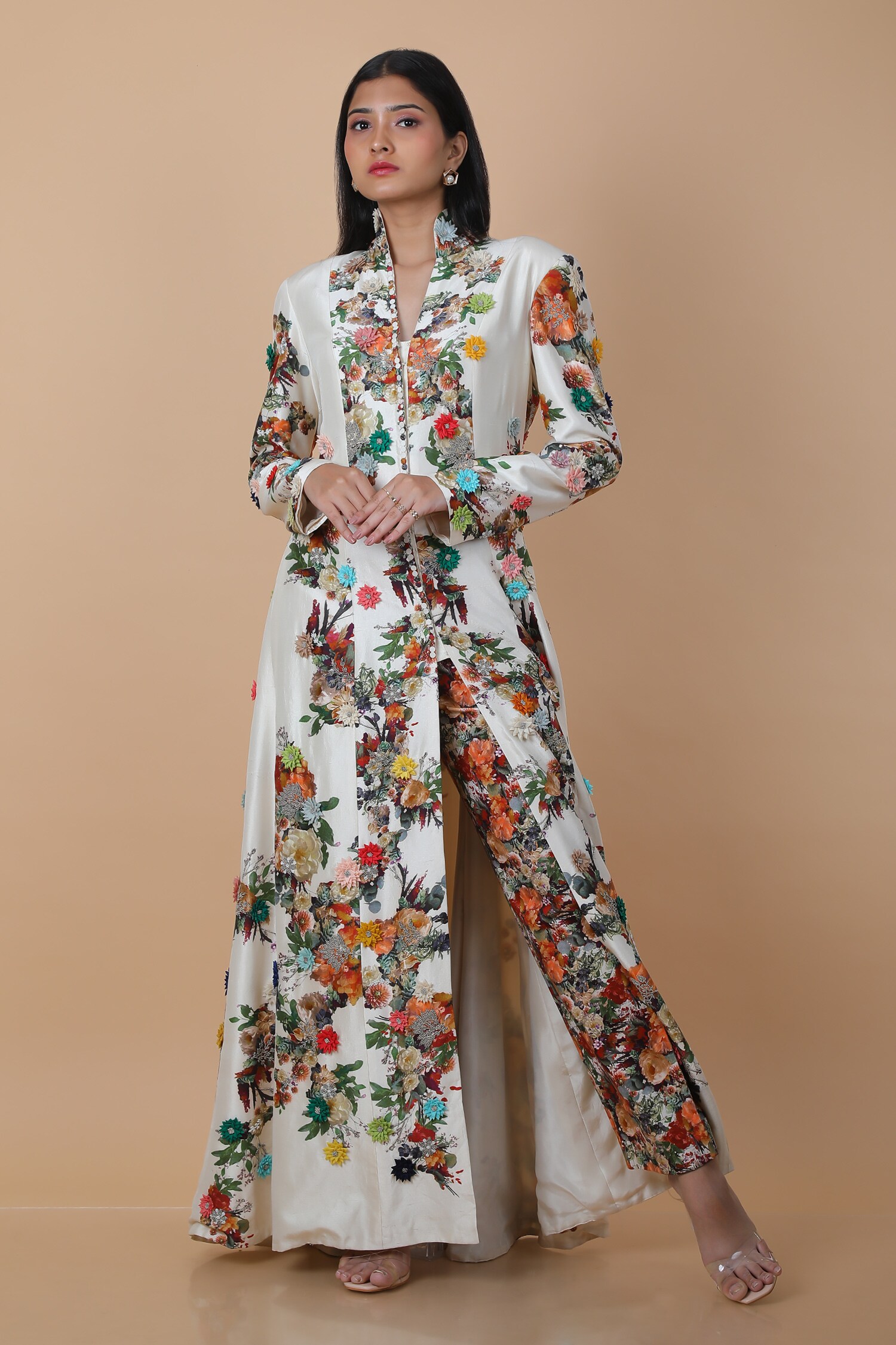 Buy Multi Color Embellished Floral Pattern Kalidar Coat And Pant Set ...