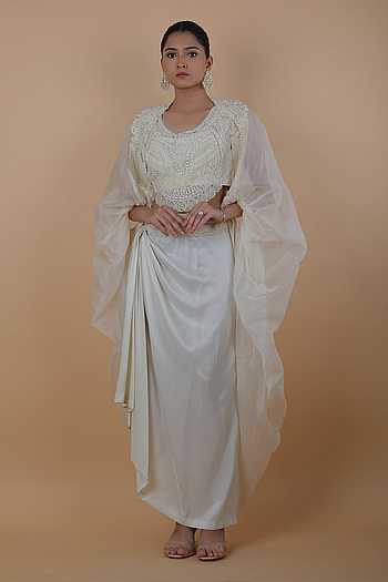 Buy Off White Embroidered Floral Round Border Cape Skirt Set For Women ...