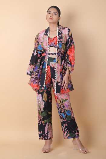 Buy Black Printed Floral Sweetheart Cape Pant Set For Women by Ridhi ...