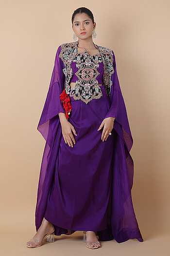Buy Purple Embroidered Floral Round Border Cape Skirt Set For Women by ...