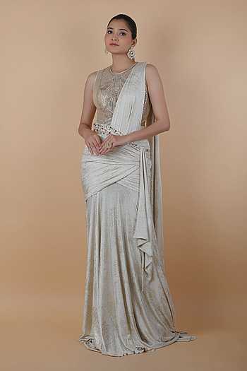 Buy Silver Embellished Stones Round Metallic Concept Saree With ...