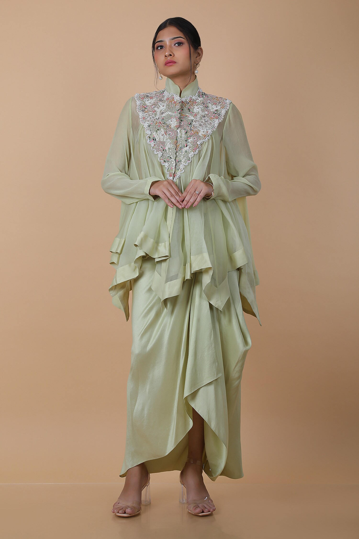 Buy Green Embroidered Floral Mandarin Tunic And Draped Skirt Set For ...