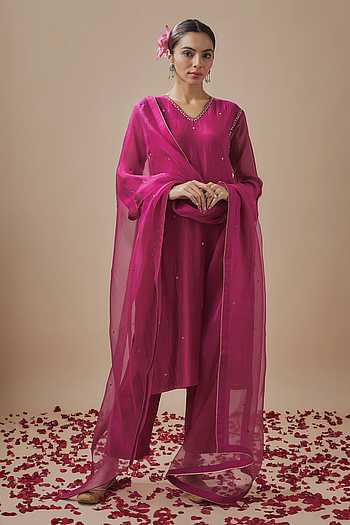 Buy Magenta Chanderi Silk Embroidery Pitta V Neck Straight Kurta With ...