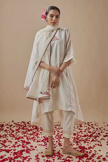Buy Ivory Chanderi Silk Lining Cotton Prism Fleur Anarkali Pant Set For ...
