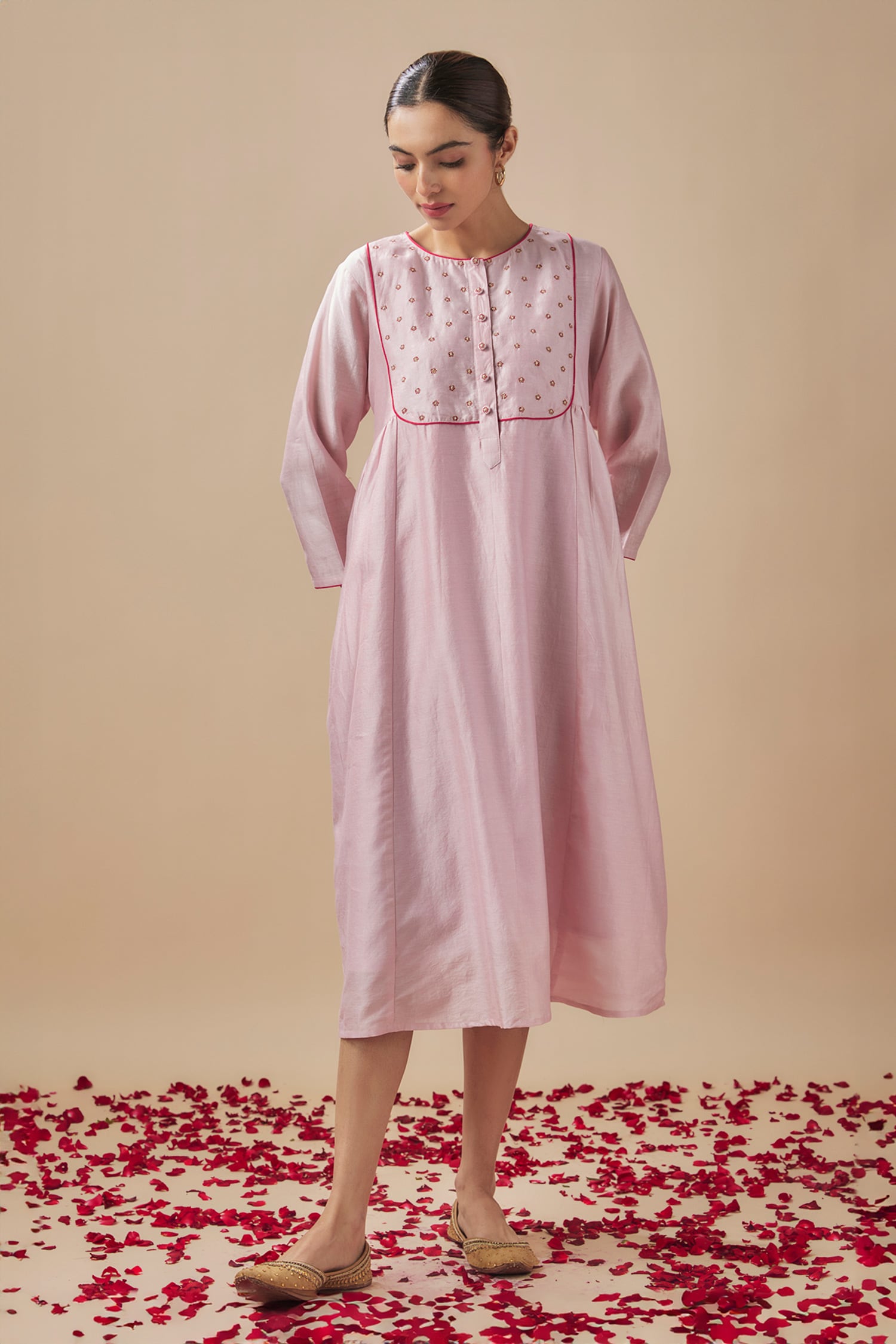 Buy Pink Chanderi Silk Embroidery Resham Round And Aari Floweret Yoke Kurta For Women by Cupid ...