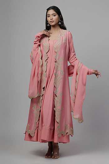 Buy Pink Cape Chanderi Silk Embroidery Garden Open Cutwork Anarkali Set ...