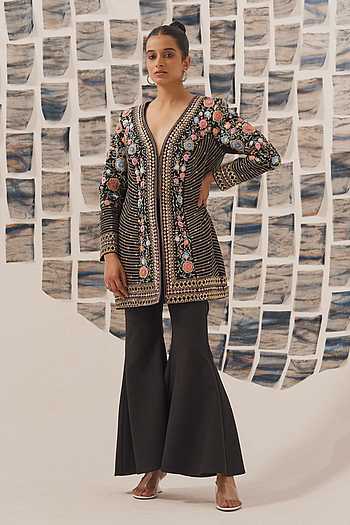 Buy Black Princess Satin Embroidered Thread Open Jacket With Flared ...