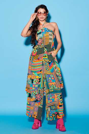 Buy Multi Color Viscose Crepe Halter Abstract Geometric Pattern Midi ...