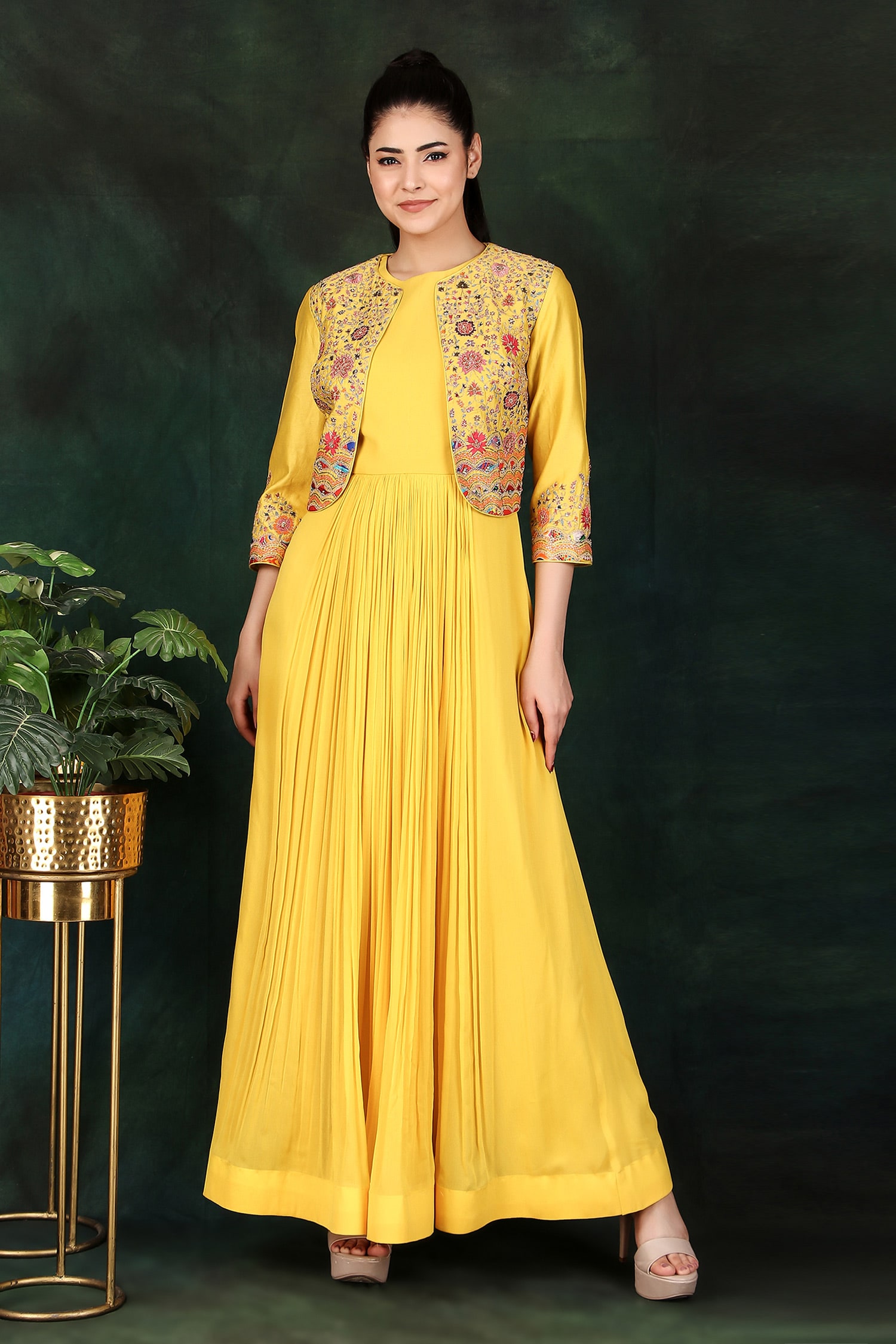 Buy Yellow Georgette Hand Embroidered Thread Round Anarkali With Jacket ...